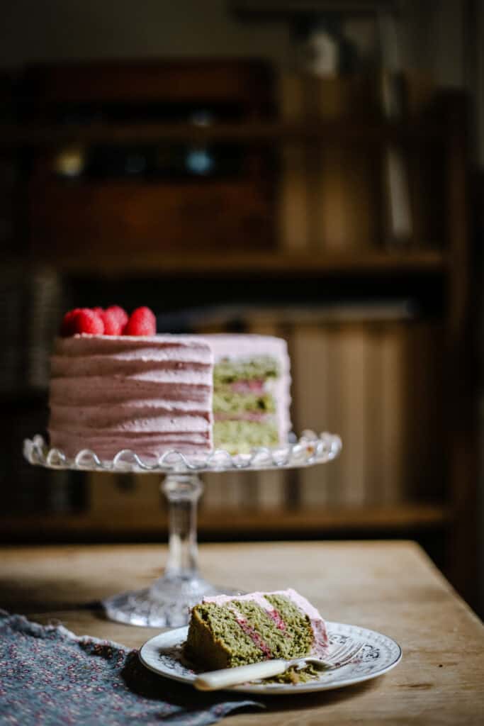 Gluten-Free Matcha Cake with Raspberries - From The Larder